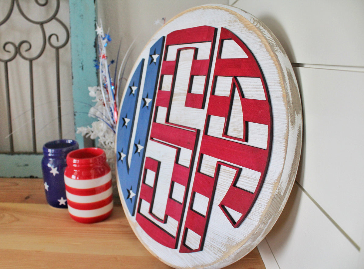 USA Monogram Round Wood Sign – Hilltop Print Co
